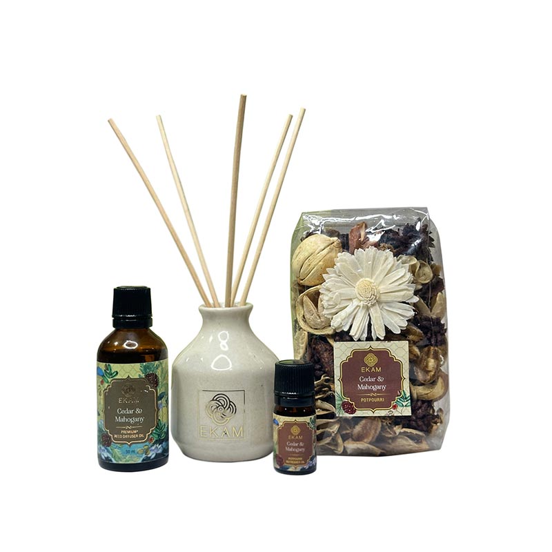 EKAM Cedar & Mahogany Reed Diffuser & Potpourri Gift Set — Mango