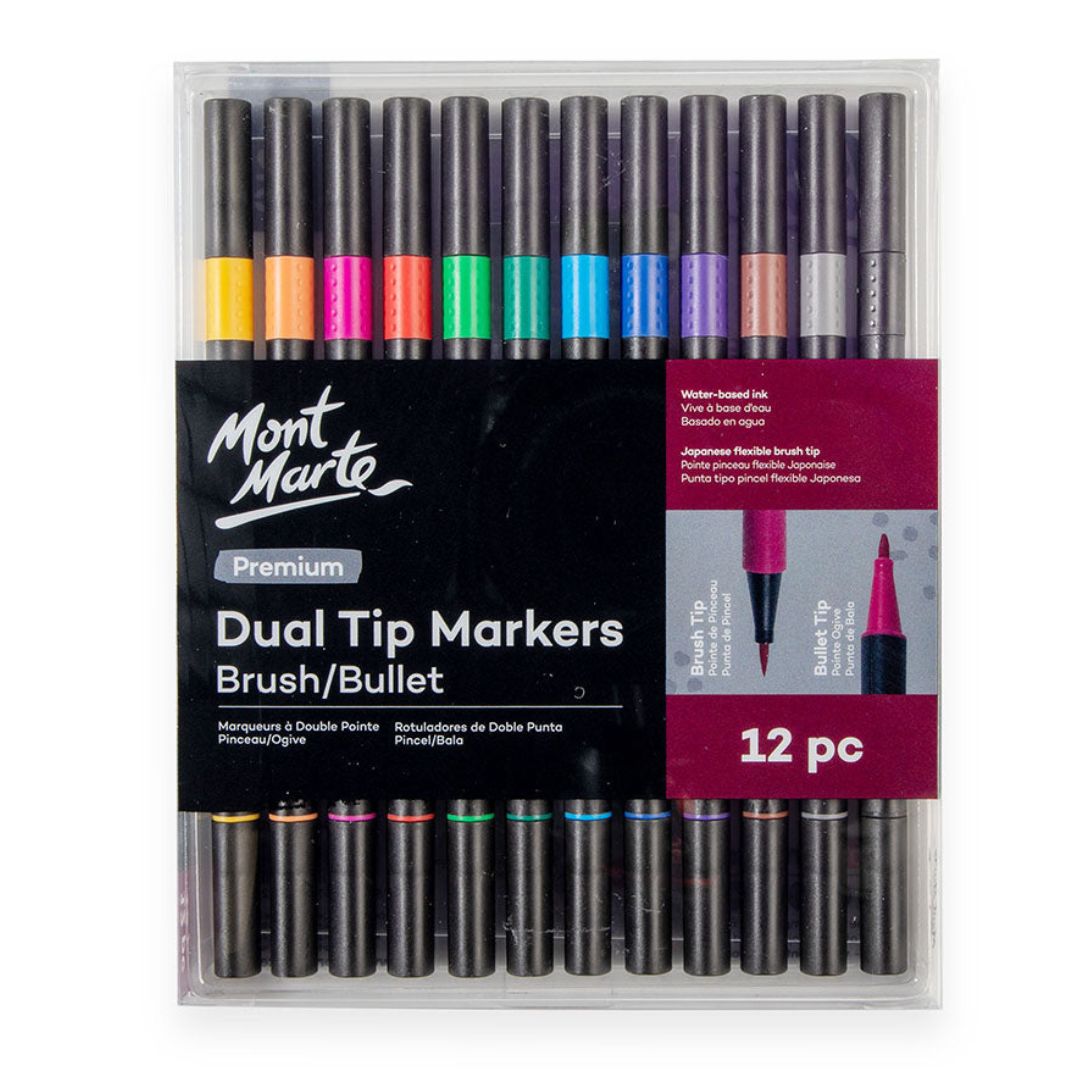Mont Marte Dual Tip Markers Brush & Bullet – Premium 12 Colour Set — Mango
